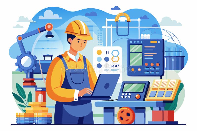 A Worker in a Hard Hat Manages Engineering Processes at a Control ...