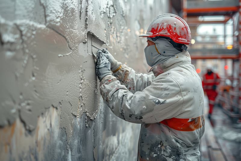 A Worker with a Hard Hat and Mask is Plastering a Building Wall Stock ...