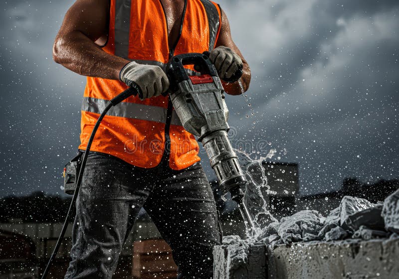 A Worker in a Hard Hat and Overalls Breaks Concrete with a Jackhammer ...