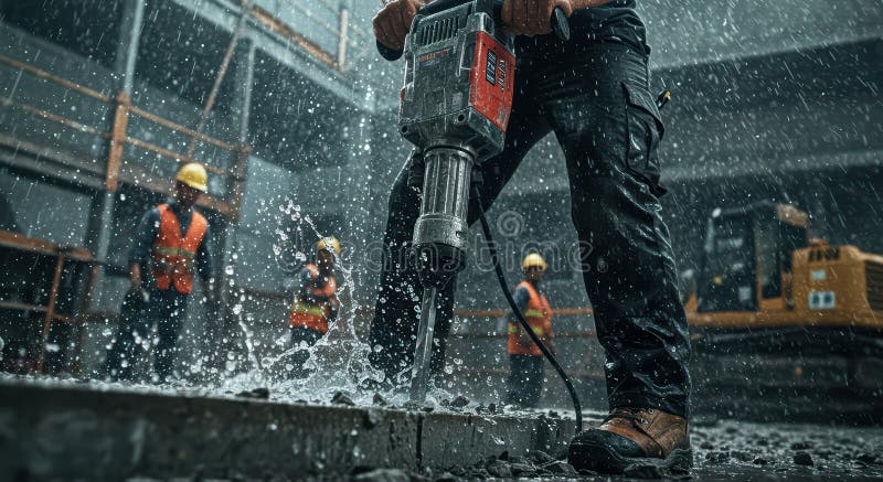 A Worker in a Hard Hat and Overalls Breaks Concrete with a Jackhammer ...