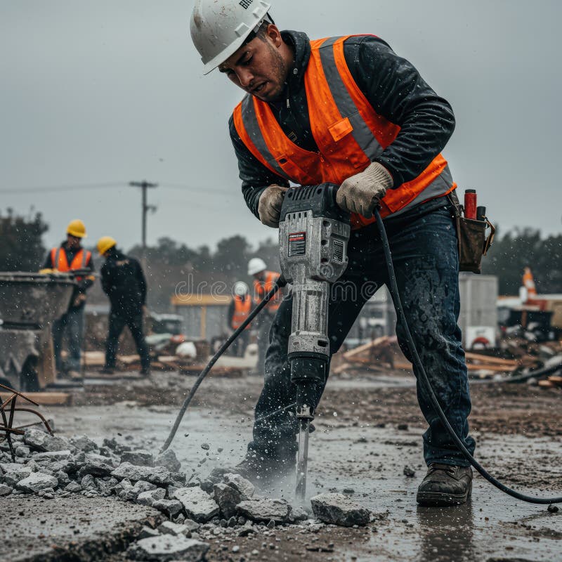 A Worker in a Hard Hat and Overalls Breaks Concrete with a Jackhammer ...