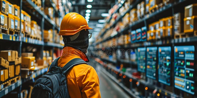 Worker in Hard Hat and Red Uniform in Warehouse - Back View Stock Photo ...