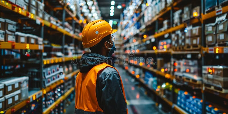 Worker in Hard Hat and Red Uniform in Warehouse - Back View Stock Image ...