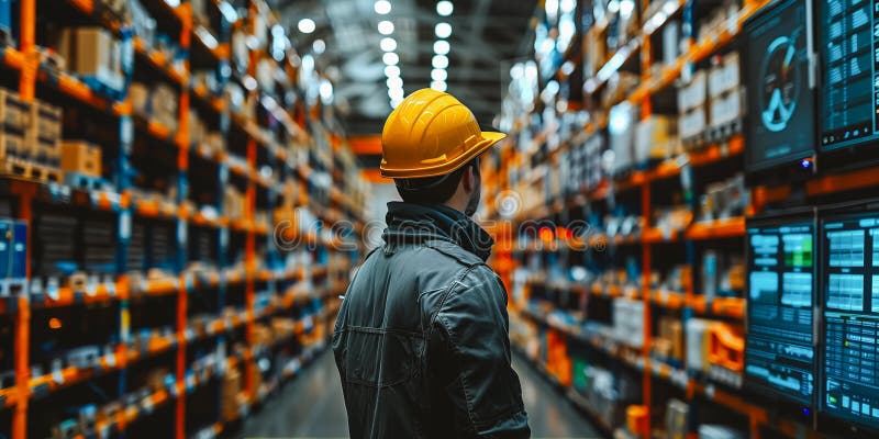 Worker in Hard Hat and Red Uniform in Warehouse - Back View Stock Photo ...