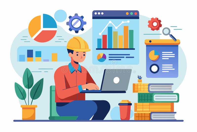 A Worker in a Hard Hat Reviews Digital Data Charts on a Laptop while ...