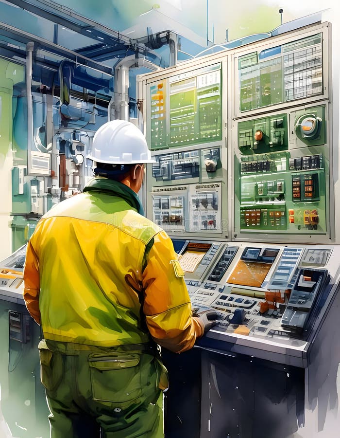 A Worker in a Hard Hat and Safety Gear Operates a Complex Control Panel ...