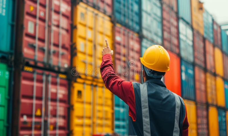 Worker in a Hard Hat Stands in the Port Against the Background of Multi ...