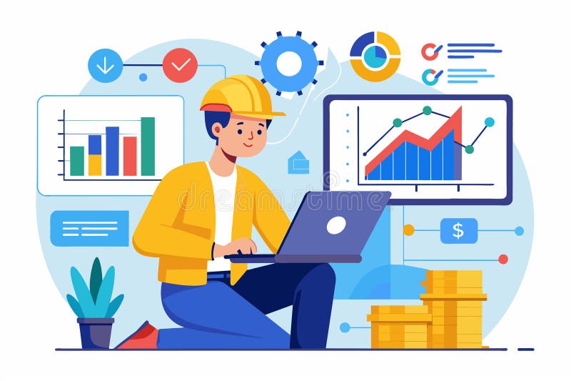 A Worker in a Hard Hat Studies Digital Graphs and Charts, Focusing on ...