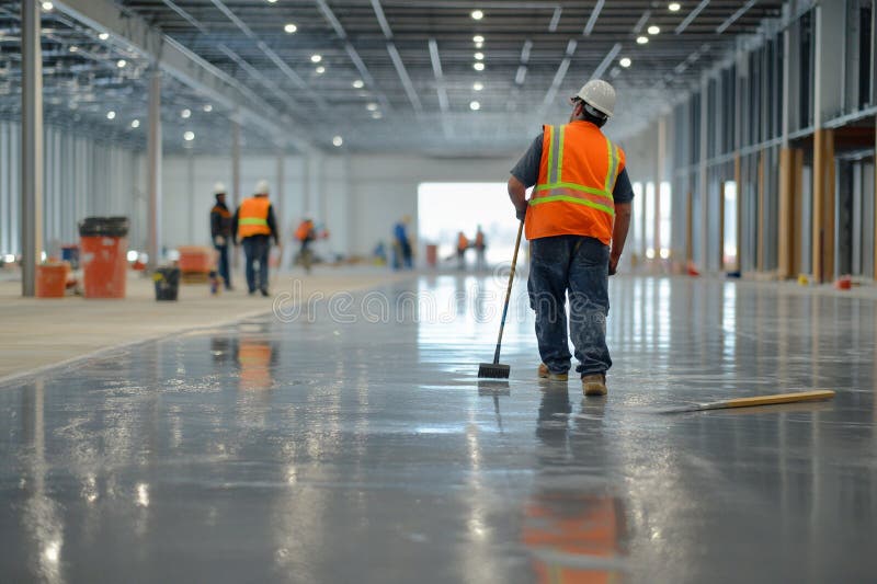 Worker in Hard Hat Sweeping Wet Floor in Large Building Under ...