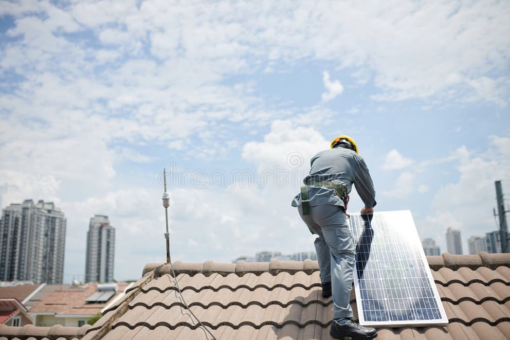 Worker Installing Solar Panel Stock Image - Image of energy ...