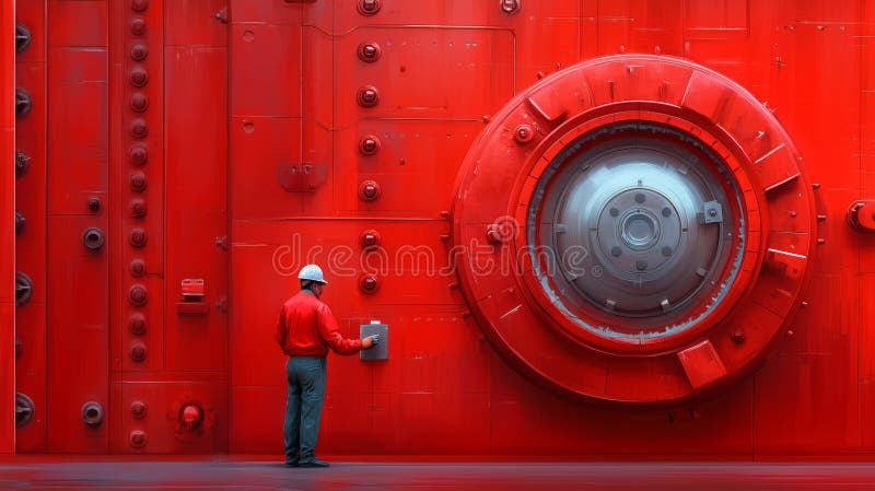 Worker in Helmet Stands before Large Red Vault Door in a Secure ...