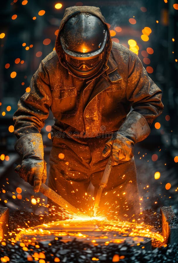 The Worker in the Helmet is Forging the Molten Metal Stock Photo ...