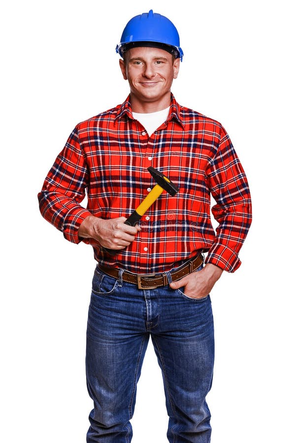 A Worker in Helmet with Hammer. Stock Image - Image of high, denim ...