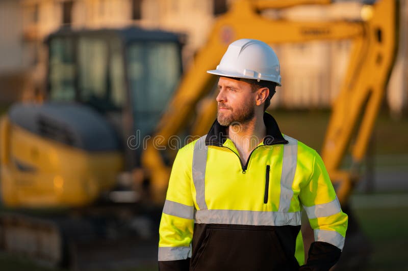 Worker in Helmet on Site Construction. Excavator Bulldozer Male Worker ...