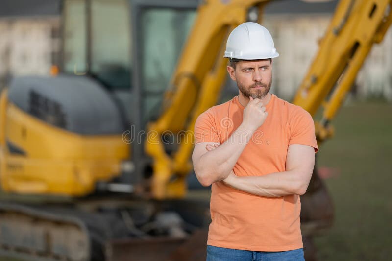 Worker in Helmet on Site Construction. Man Excavator Bulldozer Worker ...
