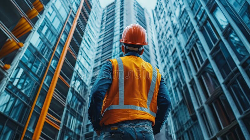 Worker in Helmet and Uniform Looks at Construction of Glass Skyscrapers ...