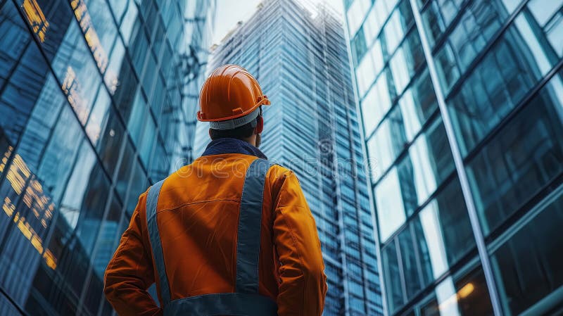 Worker in Helmet and Uniform Looks at Construction of Glass Skyscrapers ...
