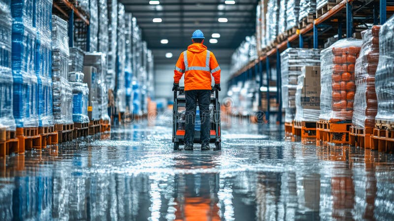 Worker in High Tech Warehouse Pushing Cart through Modern Logistics ...