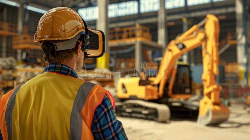 Worker in High-Vis Vest with VR Headset at Construction Site Stock ...