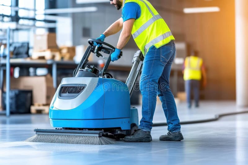 Worker in High Visibility Vest Operating Floor Cleaning Machine in ...