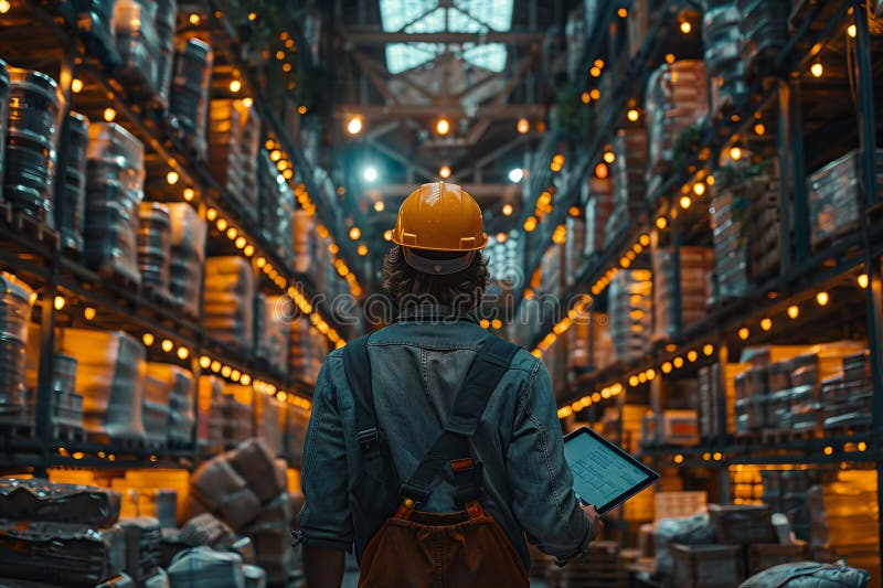 A Worker in a Hightech Warehouse Uses a Tablet Computer among Shelves ...