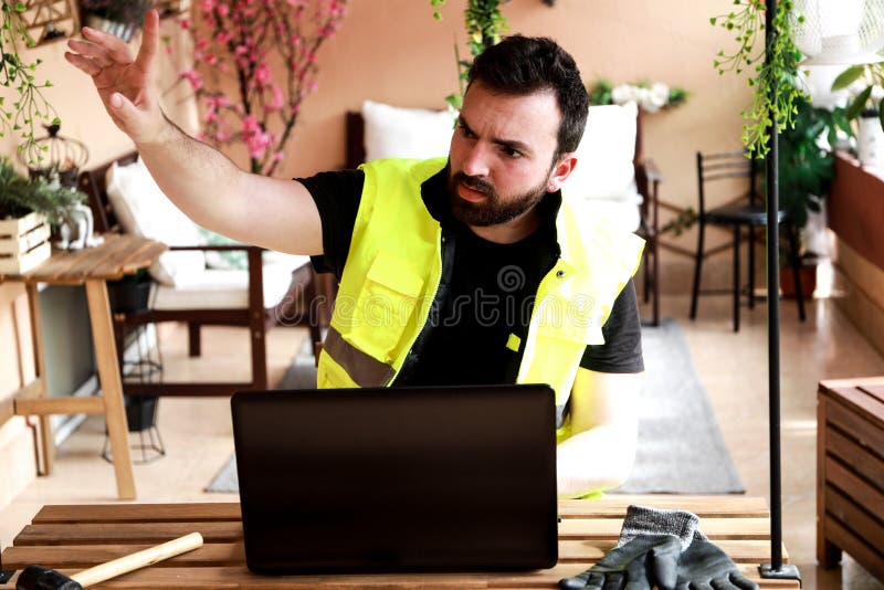 Worker in His Work Area with a Computer Stock Photo - Image of ...