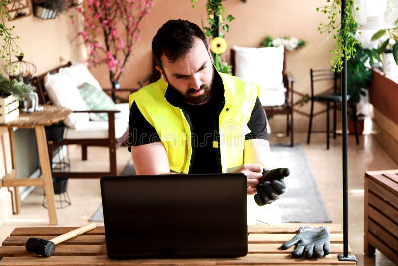Worker in His Work Area with a Computer Stock Image - Image of repair ...