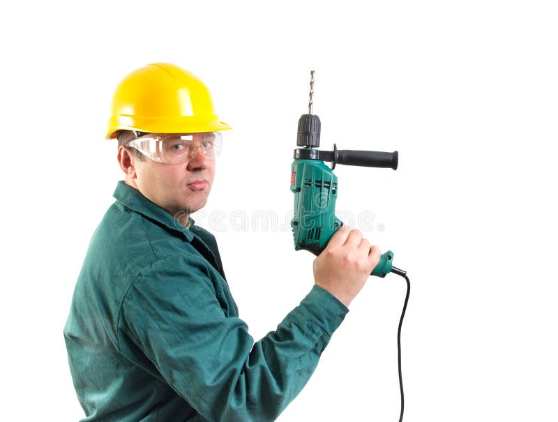 Worker hold drill as a gun stock photo. Image of drill - 71762654