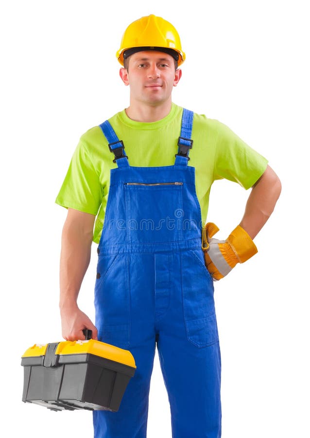 A Worker Holding Box of Tools Isolated Stock Image - Image of face ...