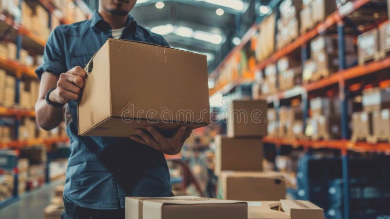 Worker Holding Box in Warehouse Stock Illustration - Illustration of ...