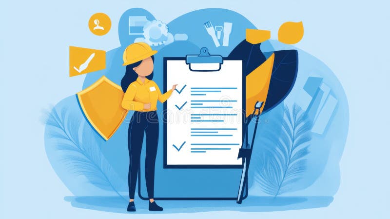 Worker Holding a Checklist with Tools and Security Icons Around Stock ...
