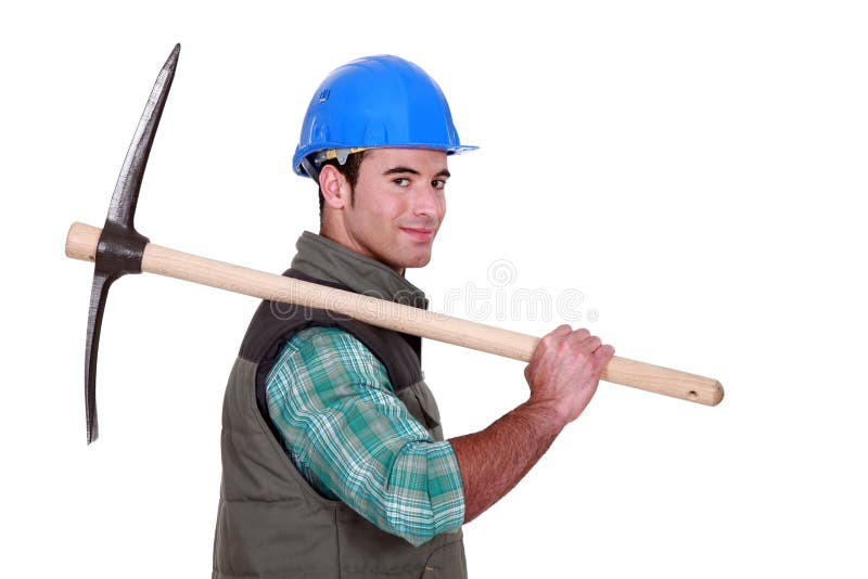 Worker holding a pickaxe. stock image. Image of tool - 35203507
