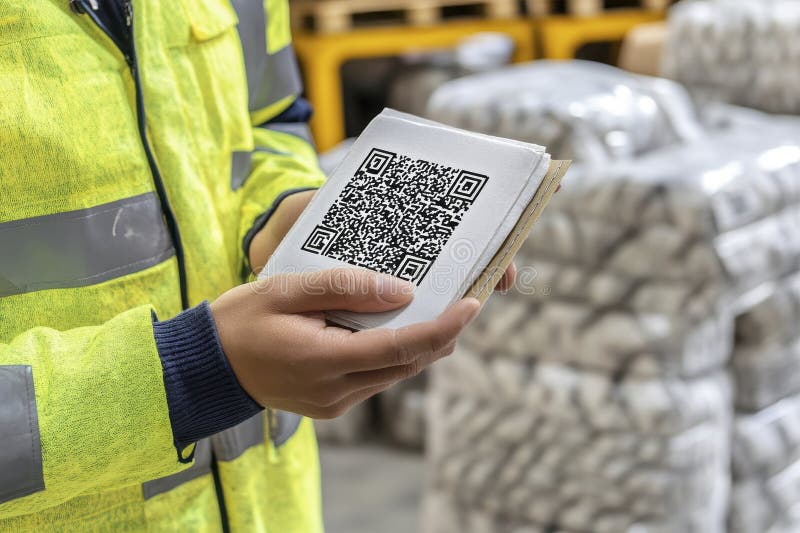 Worker Holding a QR Code in a Warehouse Stock Illustration ...