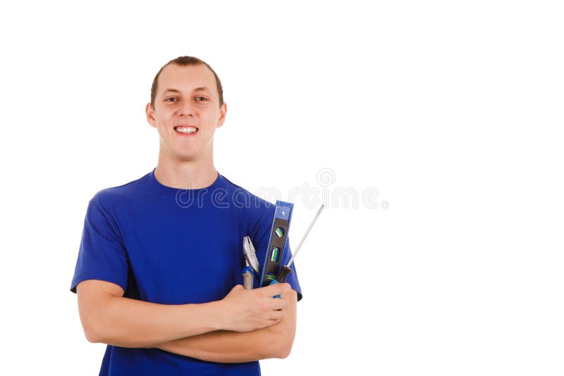 Worker Holding Tools Isolated in White Background. Stock Image - Image ...