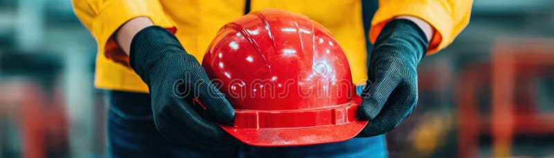 A Worker Holds a Red Safety Helmet in a Construction Environment ...