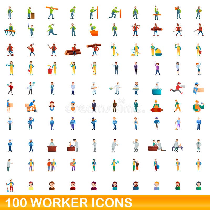 100 Worker Icons Set, Cartoon Style Stock Vector - Illustration of ...