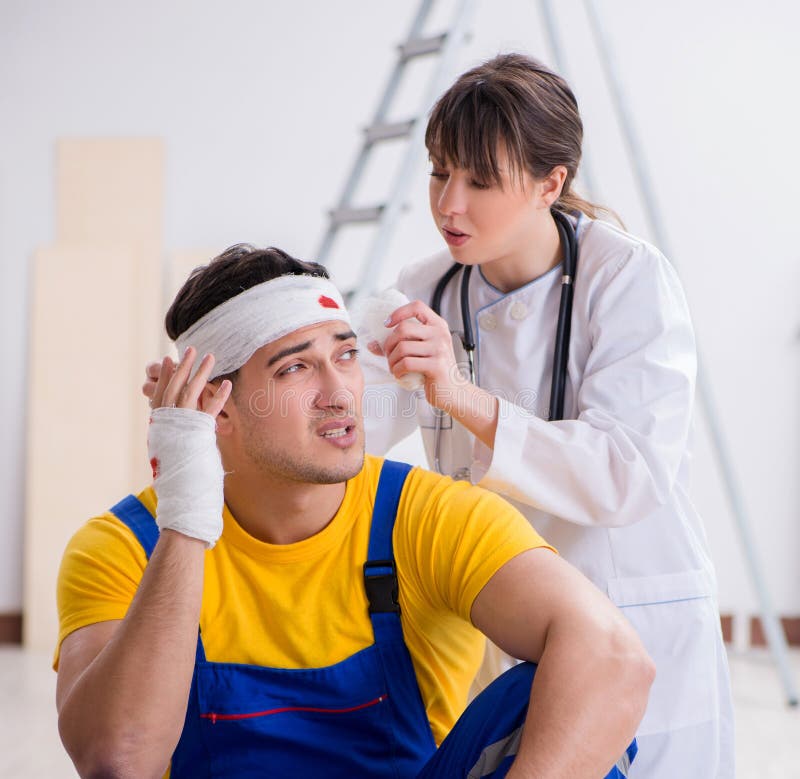 Worker with Injured Head and Doctor Stock Photo - Image of medical ...