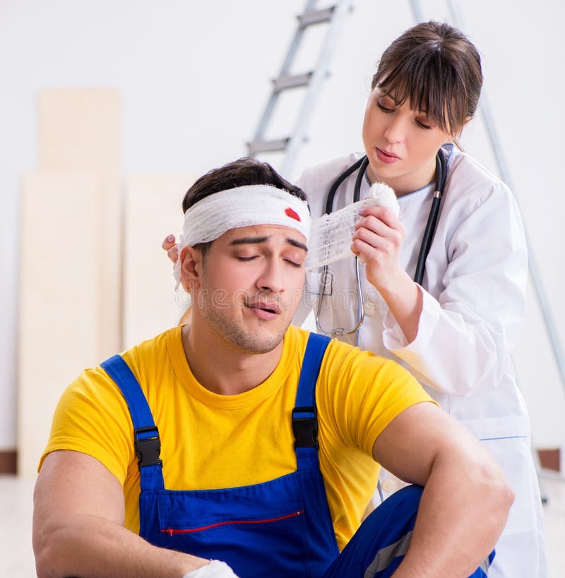 Worker with Injured Head and Doctor Stock Image - Image of construction ...