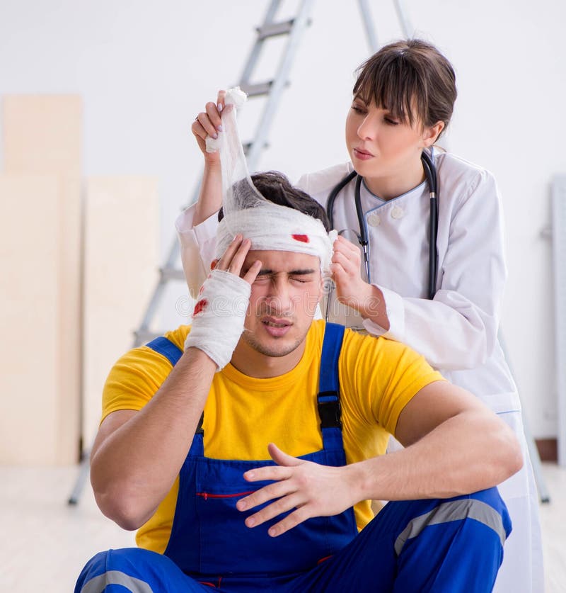 Worker with Injured Head and Doctor Stock Photo - Image of emergency ...