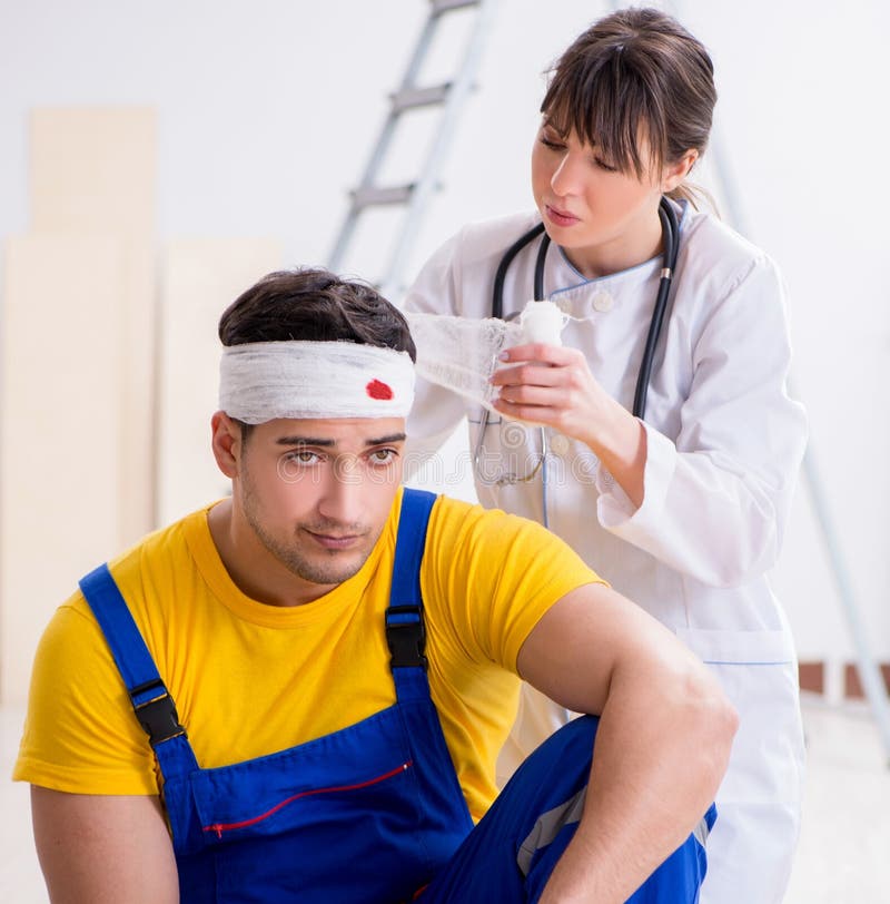 Worker with Injured Head and Doctor Stock Photo - Image of medical ...