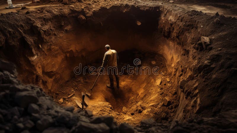 Worker Inside a Large Hole Digging with a Shovel Stock Illustration ...