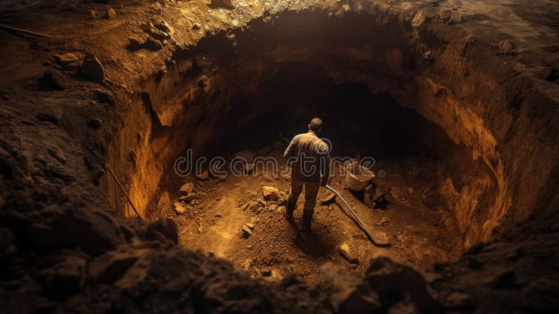 Worker Inside a Large Hole Digging with a Shovel Stock Illustration ...