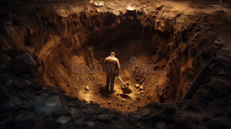 Worker Inside a Large Hole Digging with a Shovel Stock Illustration ...