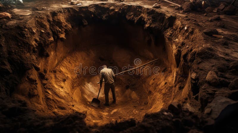 Worker Inside a Large Hole Digging with a Shovel Stock Illustration ...