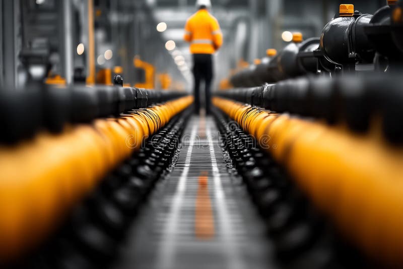 Worker Inspecting Industrial Pipeline with Orange Valves in ...