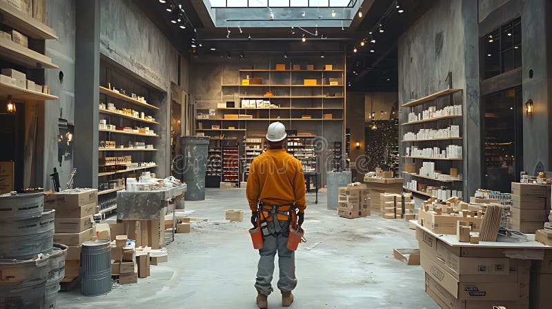 Worker Inspecting New Retail Space Amidst Boxes Stock Illustration ...