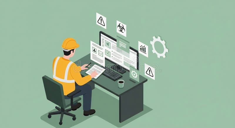 Worker Inspecting Safety Data on Computer at Desk Stock Illustration ...