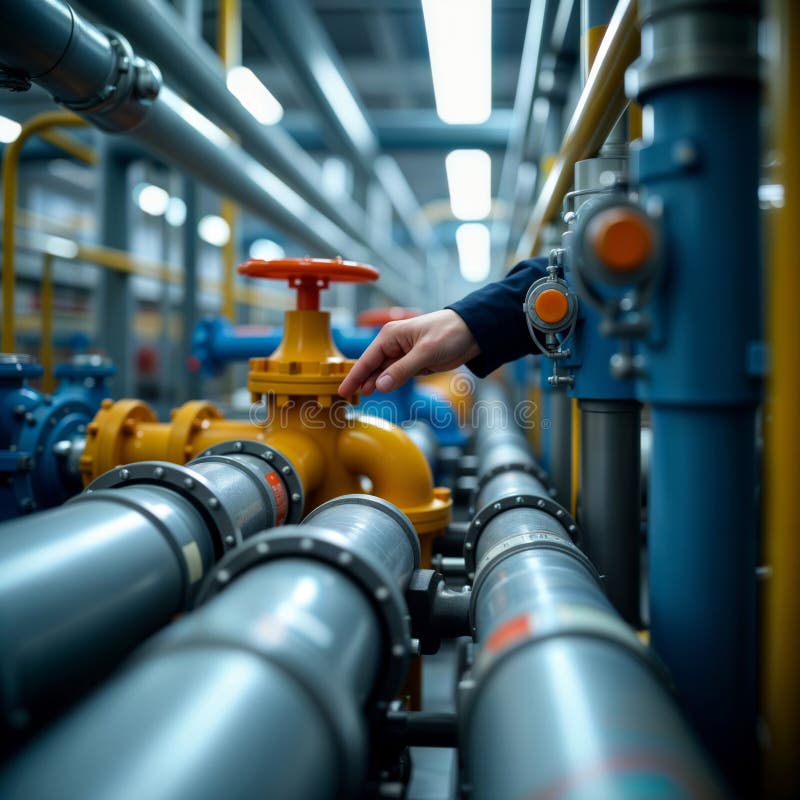 Worker Inspecting Valve in Complex Pipe System, Generative Ai Stock ...