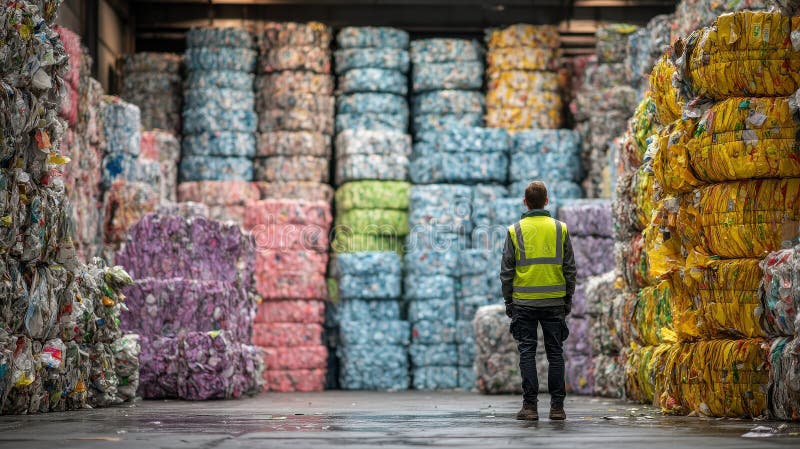 Worker Inspects Compacted Waste Bales in Recycling Factory Stock Image ...