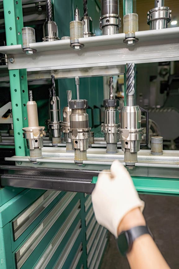 A Worker Inspects and Selects a Cutter from a Rack To Use on a CNC ...